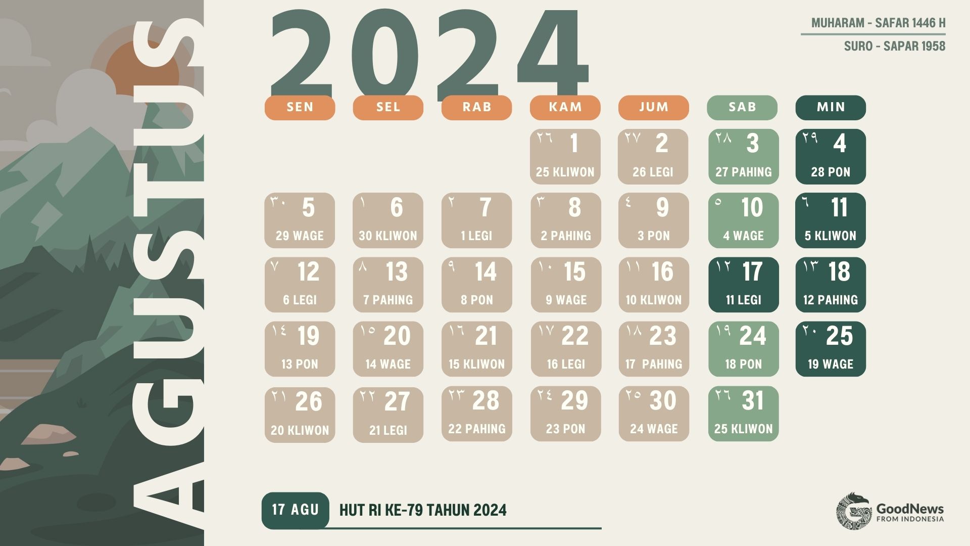 Kalender Agustus 2024: Tanggal Merah, Weton, Hijriah, Hari Besar