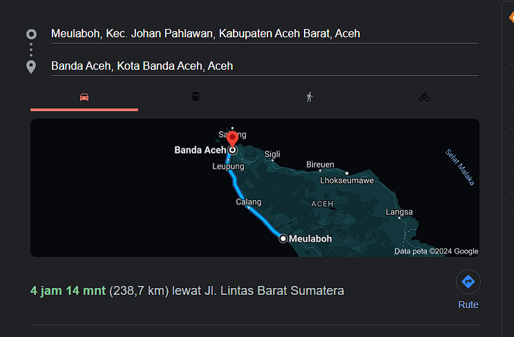 Jarak Meulaboh ke Banda Aceh dan Nagan Raya